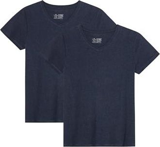 Danish Endurance T-Shirts pour Femme, Hauts en Coton Bio, Multipack, Col Rond ou V, Manches Courtes, Mélange Doux Prémium, Lot de 2 Bleu Marine Foncé S