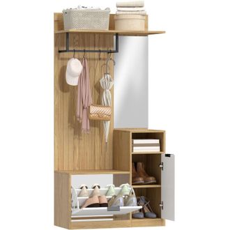 HOMCOM Meuble dentr&eacute;e - HOMCOM - 6 en 1 - banc &agrave; chaussures rabattable, miroir et pat&egrave;re - MDF - 80x37x168cm - blanc et ch&ecirc;ne