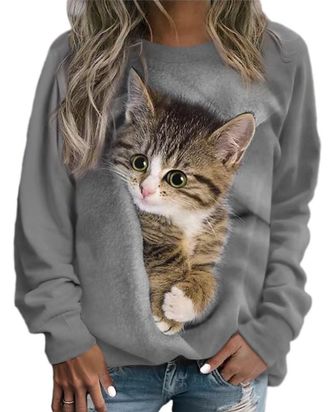 Onsoyours Pullover Damen Sweatshirt Herbst Winter Frauen Drucken Langarm Kapuzenpullover mit Katze Motiv Hemd Locker Casual Oberteil Bedruckte Tops Sweatshirts 
