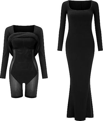 Generic Robe florale pour femme Couleur unie Robe moulante avec rembourrage de poitrine Sous-vêtements sculptants intégrés 8 en 1 Robe décontractée à manches 