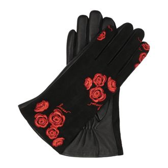 Kazar Elegante schwarze Handschuhe mit bestickten roten Blumen - - Accessories - Damen - Schwarzk - S