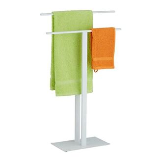 Relaxdays Porte-Serviettes, 2 Barres, m&eacute;tal, HxLxP : 82 x 50 x 19 cm, Support Design en T, Double Bras, Blanc
