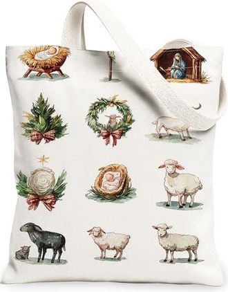 Generic Sacs fourre-tout en toile de mouton de No&euml;l, motif animal rustique, sacs d&eacute;picerie r&eacute;utilisables, vintage l&eacute;gers et lavables avec bandouli&egrave;re, blanc, 