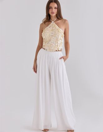 House of CB Alina pantalon large pliss&eacute; en satin blanc