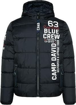 Camp David Veste matelassée pour homme avec capuche et étiquettes imprimées, Bleu marine, XXL
