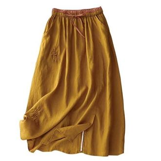 Generic Jupe en coton et lin pour femme - Vintage - Broderie - Jupe midi - Ligne A - Taille &eacute;lastique - Jupe maxi - L&eacute;g&egrave;re - &Eacute;l&eacute;gante et d&eacute;contract&eacute;e - Pour f
