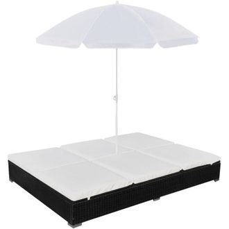 vidaXL Vidaxl - Chaise longue dext&eacute;rieur avec parasol R&eacute;sine tress&eacute;e Noir