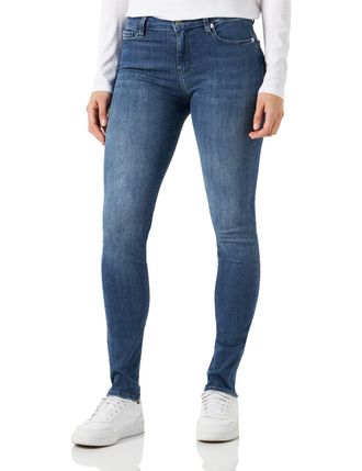 Love Moschino Skinny fit 5 Pocket Trousers in super Stretch Blue Denim, Customized with Heart Patch on Back Pocket. Medium wash