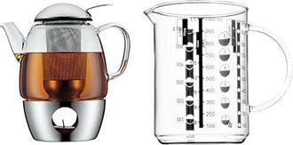 WMF SmarTea Teekanne mit Stövchen Set 3-teilig, Cromargan Edelstahl, Glaskanne 1l mit Siebeinsatz und Stövchen, spülmaschinegeeignet & Gourmet Glas Messbe