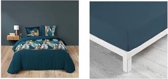 Douceur d'Int&eacute;rieur Parure 3 Pi&egrave;ces 260 x 240 cm Alianor, 100% Coton Multicolore 1642650 Drap Housse 2 Personnes, Coton, Bleu Nuit, 160 x 200 cm