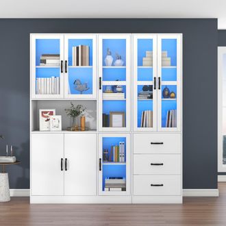Generic Modernes Kombivitrinen Set Hochschr&auml;nke mit LED-Beleuchtung 8 T&uuml;ren 3 Schubladen Standvitrine f&uuml;r Wohnzimmer Esszimmer K&uuml;che Schlafzimmer B&uuml;ro Lagersc