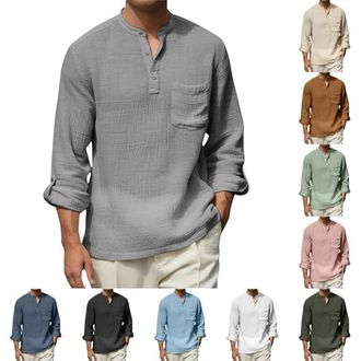 Generic Chemise en lin &agrave; manches longues pour homme Coupe ajust&eacute;e : chemise d&eacute;t&eacute; avec 1/4 bouton Down Chemise de plage avec poche de poitrine Chemise &agrave; manche