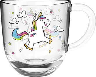 Leonardo Leonardo Bambini Glas-Tasse, Kinder-Becher aus Glas mit Tier-Motiv, sp&uuml;lmaschinengeeignete Tee-Tasse, Einhorn bunt rosa blau 1 St&uuml;ck, 280 ml, 022902