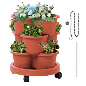 Generico Turm-Blumentopf, stapelbarer Blumentopf, Turm mit 3 Ebenen, mit abnehmbaren Rädern und Werkzeug für Küchengemüse, Erdbeeren, Blumen, im Freien, Terras