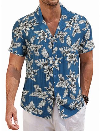 Coofandy Herren Kurzarmhemd Kuba Kragen Hemd Kurzarm Casual Freizeithemd M&auml;nner Haiwaiihemd Gestreiftes Guayabera Shirt PAT6 XL