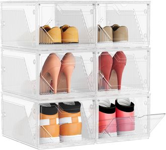 Songmics Schuhboxen 6er Set, Schuh-Organizer aus Kunststoff, stapelbar quer und längs, Aufbewahrungsbox mit Magnettverschluss, durchsichtig, für Schuhe bis Grö