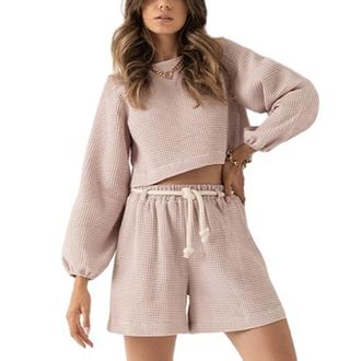 Generic Tenue 2 pi&egrave;ces gaufr&eacute;e pour femme, coupe d&eacute;contract&eacute;e, haut court &agrave; col rond et short avec cordon de serrage &agrave; la taille, blanc, taille M pour un usag