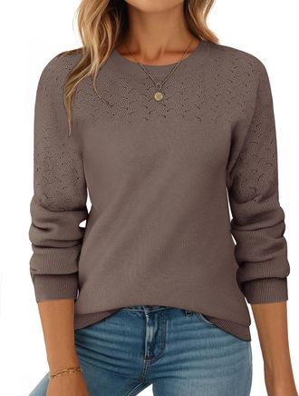 Zeagoo Pullover Damen Braun Herbst Winter Strickpullover Elegant Rundhals Pulli Langarm Strickpulli Ribbed Knit Pullover H&auml;kelpullover Braun M