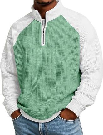 Generic Pull &agrave; fermeture &eacute;clair 1/4 pour homme - En coton - D&eacute;contract&eacute; - Col montant - Pull de travail r&eacute;tro &agrave; manches longues - Sans capuche - Grandes taill