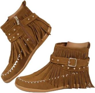 Generic Bottines de cowboy pour femme - Courtes et larges - En daim - Avec fermeture éclair - Bout rond - Chaudes - Pour lhiver, marron, 38.5 EU