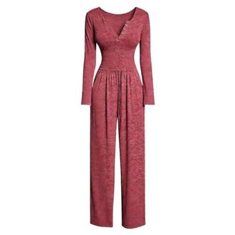 Generic YUJIEBB - Pyjama sexy pour femme, coupe serr&eacute;e, boutonn&eacute;e, col en V, manches longues, cordon de serrage, pantalon long, ensemble deux pi&egrave;ces, d&eacute;contra