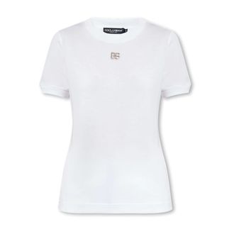 Dolce & Gabbana Baumwoll-T-Shirt mit Kristall-Logo - - Tops - Damen - Wei&szlig; - XS
