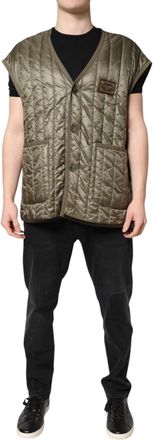 Dolce & Gabbana Mens Brown Logo Plaque Quilted Vest Jacket Nylon Clothing