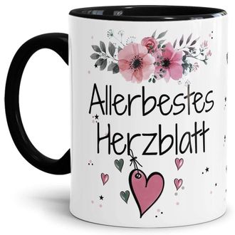 Tassendruck Tasse mit Spruch - Allerbestes Herzblatt weiblich - Bedruckter Kaffeebecher mit s&uuml;&szlig;em Motiv - Geschenkidee f&uuml;r Lieblingsmenschen - Innen & Henkel Schw