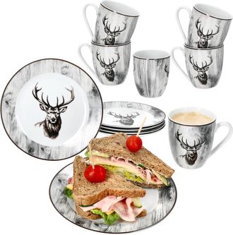 MamboCat Alois 12tlg Fr&uuml;hst&uuml;cksset I je 6x Fr&uuml;hst&uuml;cksteller & Kaffeebecher 350 ml aus Porzellan I 6 Personen I Holz-Optik & Hirschmotiv in Schwarz-Wei&szlig; I f&uuml;r F