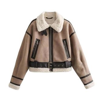 Generic Femme Automne Hiver Faux Cuir dagneau Fourrure Veste Courte avec Ceinture Chic Biker Épais Chaud Manteau, kaki, XS