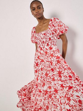 Apricot Midikleid Florales Sommerkleid mit Puff&auml;rmeln