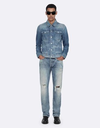 AllSaints taillierte Trucker-Jacke in hellem Indigo-Blau