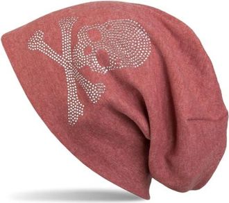 styleBREAKER Bonnet Classique avec Application en Strass en Forme de t&ecirc;te de Mort, Unisexe 04024034, Couleur:Rouge Brun chin&eacute;, mat&eacute;riel:Chaud