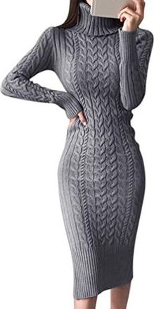 Minetom Robe Pull Femme Moulante Chaud Manches Longues Pullover Col Roulé Robe Tricoté Automne Hiver Chandail Midi Robe A Gris S