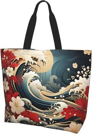 Generic Vagues Et Fleurs Sac Cabas L&eacute;ger Tote Bag Grand Sac &Agrave; Bandouli&egrave;re Pour Shopping Voyage Travail