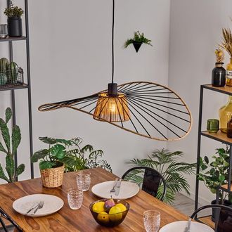 HOFSTEIN Hängelleuchte Elsa, 4-flammige Hängelampe aus Metall/Papiergeflecht in Schwarz/Naturfarben, moderne Pendelleuchte im Boho-Design, Höhe max. 110 cm, E2