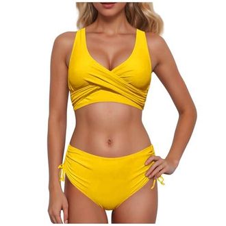Generic Maillot de bain 2 pi&egrave;ces push-up rembourr&eacute; taille haute triangle dos nu pour femme, jaune, XXL
