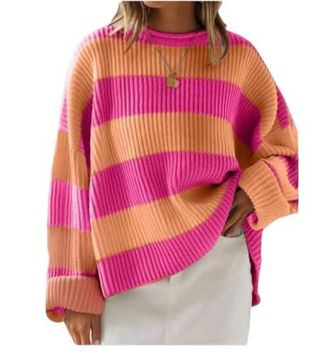 Generic Pull ray&eacute; c&ocirc;tel&eacute; &agrave; col rond pour femme, manches longues, rayures surdimensionn&eacute;es, rose fonc&eacute;, 1X