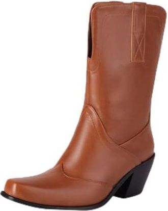 Generic Bottes Femme Mi-Mollet Style Western Bout Carré Talons Moyens Épais Tige PU Durable Confortables Enfilables Antidérapantes Décontracté Quotidien Soiré