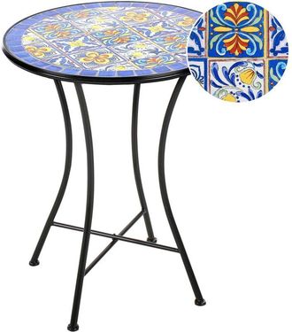 Beliani Table de Bistrot de Jardin Vintage en M&eacute;tal 60 cm Motif Mosa&iuml;que Plateau en Fer Noire Coriano