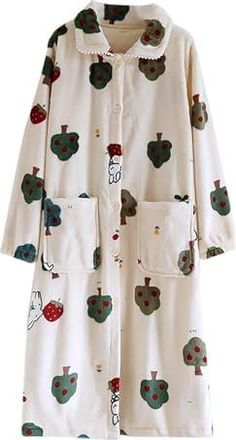 Generic Robe de chambre boutonn&eacute;e en polaire corail pour femme - Joli peignoir imprim&eacute; de dessin anim&eacute; avec coeur et arbres - Joli peignoir &agrave; revers en polair