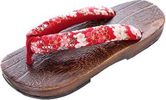 Kawaii-Story K-G-50-7 - Sandales rouges Sakura - Fleurs marron - Bois japonais Geta - Pour femme - Tabi Kimono Geisha Kendo Samoura&iuml;, rouge, 41 EU