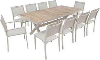 Oviala Table de jardin c&eacute;ramique effet bois 201 cm et 10 chaises cr&egrave;me - Tivoli