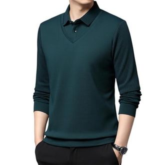 Generic Hommes Rayé Revers Faux Deux Pièces Chemise Manches Longues Printemps Automne Casual Tricoté Polo Polo Basique, vert foncé, 4XL