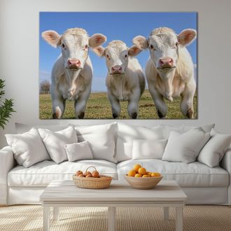 Generic Leinwand-Wandkunst 140x70 cm ungerahmt- Blauer Himmel Feld Drei Weiße Kühe Leinwandbild Kunstdruck Groß XXL für Wohnzimmer Schlafzimmer Wandbilder Can