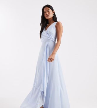 Tfnc Petite Robe cache-coeur longue drap&eacute;e de demoiselle dhonneur en mousseline - Bleu