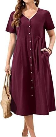 Onsoyours Robe Lin été Femmes Sexy Col en V Coupe Droite élégantes Légère Robe Rétro Manches Courtes Robe De Plage Ample Confortable Grande Taille Midi Robe Che