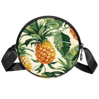 Generic Sac &agrave; bandouli&egrave;re rond pour femme, motif feuilles de palmier, ananas, petit sac &agrave; bandouli&egrave;re avec fermeture &eacute;clair, bretelles r&eacute;glables, sac &agrave; main r