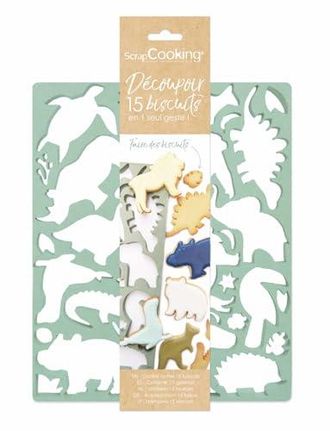 ScrapCooking SCRAP COOKING - Plaque D&eacute;coupoir 15 Biscuits Animaux - Moule P&acirc;tisserie avec Formes Emporte-pi&egrave;ces pour Biscuits, Sabl&eacute;s, D&eacute;coration - Dinos, Lion, &Eacute;l