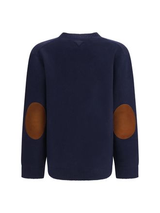 Prada Womens Crewneck Sweater With Suede Elbow Patches Bleu Fleece Wool Ovis Aries Sweatshirts